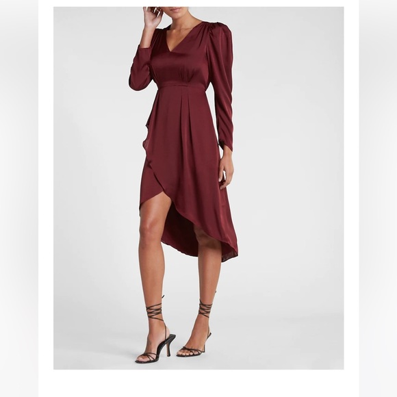 Express | Dresses | Express Satin Puff Shoulder Midi Dress In Wine ...